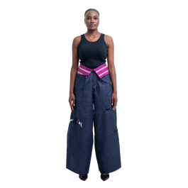 The Heritage Denim – Wide-Leg Shredded Pants With Aso Oke Patches