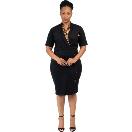 Winnie Dress – Elegant Black Knee-Length Dress with Animal Print Accent